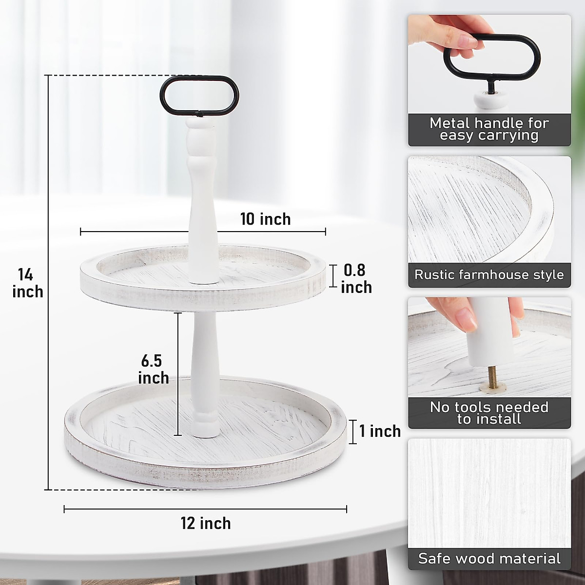 Rustic Tiered Serving Tray, Farmhouse Decorative Wooden Two Tiered Trays, Wooden 2 Tier Tray Stand for Table Kitchen Coffee Macaron Plate Cakes Dessert Fruit(Stand+Beeds)