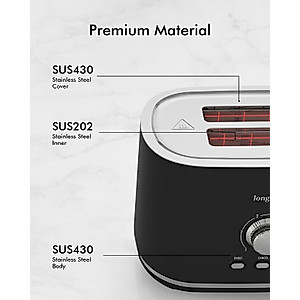LONGDEEM Compact 2-Slice Toaster with 6-Level Precision Browning, 1.6 Wide Slots, Stainless Steel, Easy-Clean Crumb Tray, and Integrated Cord Storage, Black