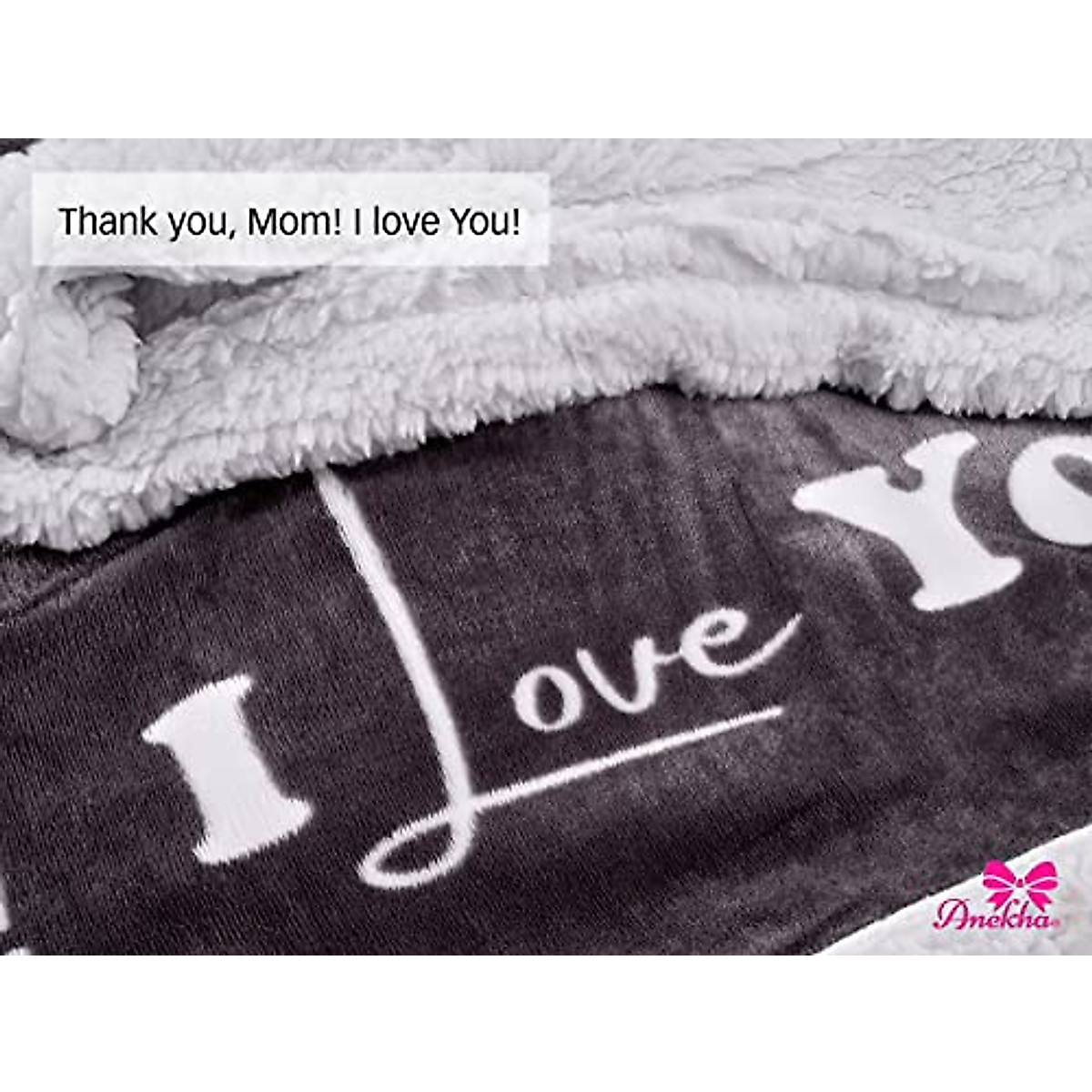 Anekha Mom Blanket – Double Layer Sherpa Fleece – Soft Fluffy Throw, Quality Print – 'Thank You Mom, I Love You' – from Daughter, Son – Gift for Birthday, Mother's Day, Christmas, etc. (Smoky Grey)