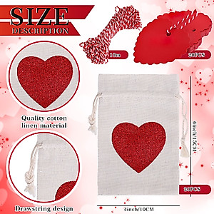 Whaline 20 Pack Valentine's Day Burlap Gift Bag Glitter Red Heart Drawstring Bag with Tag and Cotton Rope Rustic Linen Pouches Sacks for Valentines Party Favors Wedding Bridal Shower Supplies