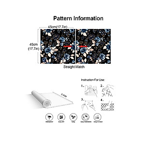 MIAHOME Black and Gold Floral Vintage Wallpaper Peel and Stick Wallpaper Flower Art Deco Dark Blue Contact Wall Paper for Cabinets Removable Vinyl Rose Self Adhesive Wallpaper 17.7in x 6.6ft