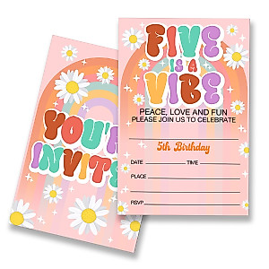 EUDOSI Five is a Vibe Groovy 5th Birthday Party Invitations Supplies Fill-In Set of 20 with Envelopes Groovy 5 Years Old Birthday Bash Invites Cards, Double Sided