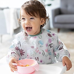 Bumkins Bibs for Girl or Boy, Long Sleeved Bib for Baby and Toddler 6-24 Months, Essential Must Have for Eating, Feeding Set, Splat Mat for Floors Under High Chair, Mess Saving Fabric, Floral Gray