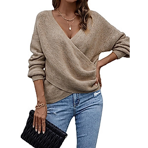 SweatyRocks Women's Casual Long Sleeve Drop Shoulder V Neck Wrapped Pullover Sweater Top Khaki Medium