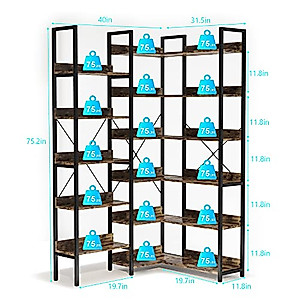 PAKASEPT 6-Shelf Corner Bookshelf, Triple Wide 6-Tier Bookcase, Large Modern Corner Shelf with Metal Frame, Open Bookshelves for Living Room Home Office, Rustic Brown