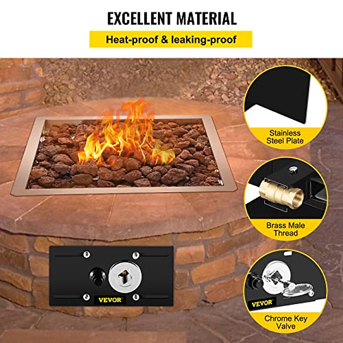 VEVOR Fire Pit Gas Burner Spark Ignition Kit, 300K BTU Fire Pit Ignition System, Stainless Steel Fire Pit Igniter, with 1/2'' Key Valve with Key and Leads & Ground Wire Black Retractable