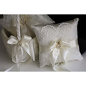 Alex Emotions Ivory Flower Girl Basket and Ring Bearer Pillow Set - Ivory Wedding Basket Pillow Set, Lace Ring Pillow, Lace Ring Holder, Lace Ring Pillow
