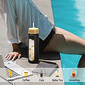 Kodrine Glass Water Bottles with Straw, 32 oz Water Bottle with 2 Lids - Handle Spout Lid & Bamboo Straw Lid, Motivational Water Bottle with Silicone Sleeve, Wide Mouth, Leakproof, BPA Free(Black)