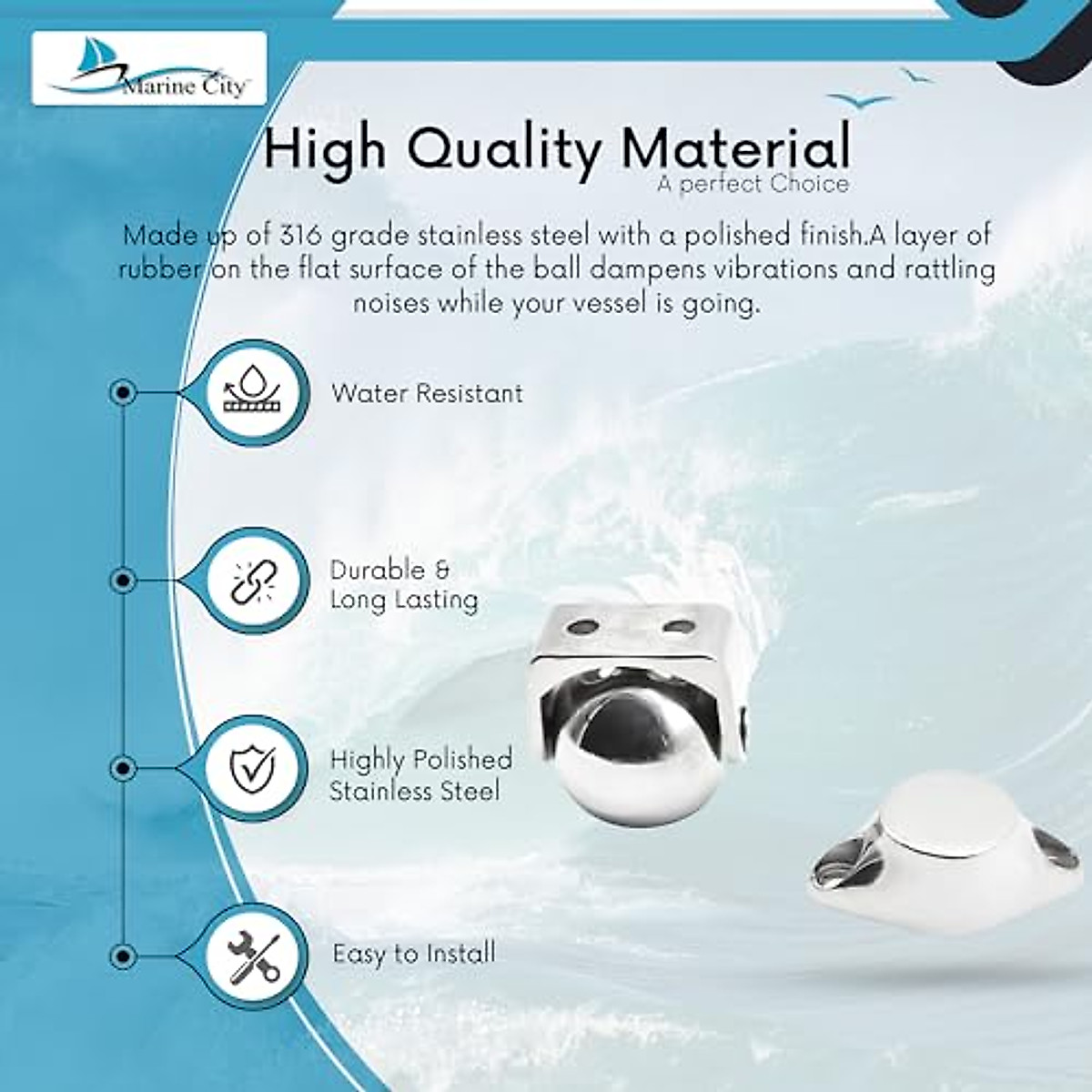 MARINE CITY 316 Stainless Steel Gloss Finish Strong Magnetic Modern Ball Door Window Stopper Soft Catch Holder Set for Boats Marine Bedroom Door Family Hardware (1 Pc)