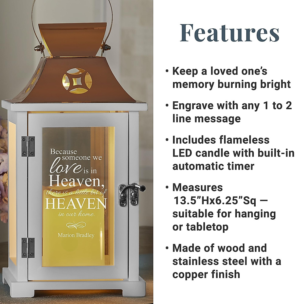 Let’s Make Memories Personalized Memorial Lantern - Sympathy - Condolences - LED Candle - Automatic Timer - Wood/Stainless Steel - Copper Finish - for Loved Ones in Heaven