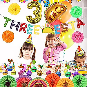 Mexican Third Birthday Party Decoration, Three-Esta Party Fiesta Decorations, 3rd Birth Cinco De Mayo Mexican Themed Taco Party Decorations with Fiesta Paper Fans and Tissue Pom Paper Flowers for Baby