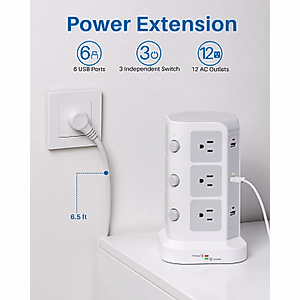 Surge Protector Power Strip Tower 16.4 FT + 6.5 FT, [1500 Joules] 12 Widely Spaced AC Outlets with 6 USB Ports Charging Station White