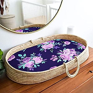 Bassinet Sheet, Newborn Moses Basket Girls, Ultra Soft Breathable, Snug Fitted Cradle Fitted Sheets for Bassinet Pads Mattress, Watercolor Purlple Flower