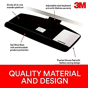 3M Keyboard Tray, Just Lift To Adjust Height And Tilt, Sturdy Tray Includes Gel Wrist Rest And Precise Mouse Pad, Swivels Side To Side And Stores Under Desk, 23" Track, Black (AKT90LE)