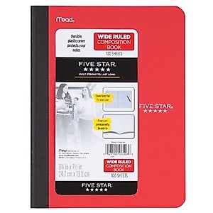 Five Star Composition Book/Notebook, Wide Ruled Paper, 100 Sheets, 9-3/4" x 7-1/2", Color Selected For You, 1 Count (09006)