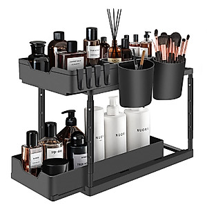 FM Royal Brand Under Sink Organizer - Double Slider Cabinet Organizer for Kitchen, Bathroom & Laundry Room Storage - Includes 2 BPA Drawers, 4 Adjustable Feet, 2 Cups, 4 Hanging Hooks, Divider