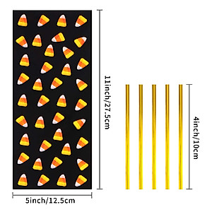 100 Pieces Halloween Cellophane Bags Candy Corn Pattern Cello Treat Bags with 200 Pieces Gold Twist Ties for Chocolate Candy Cookies and Snacks