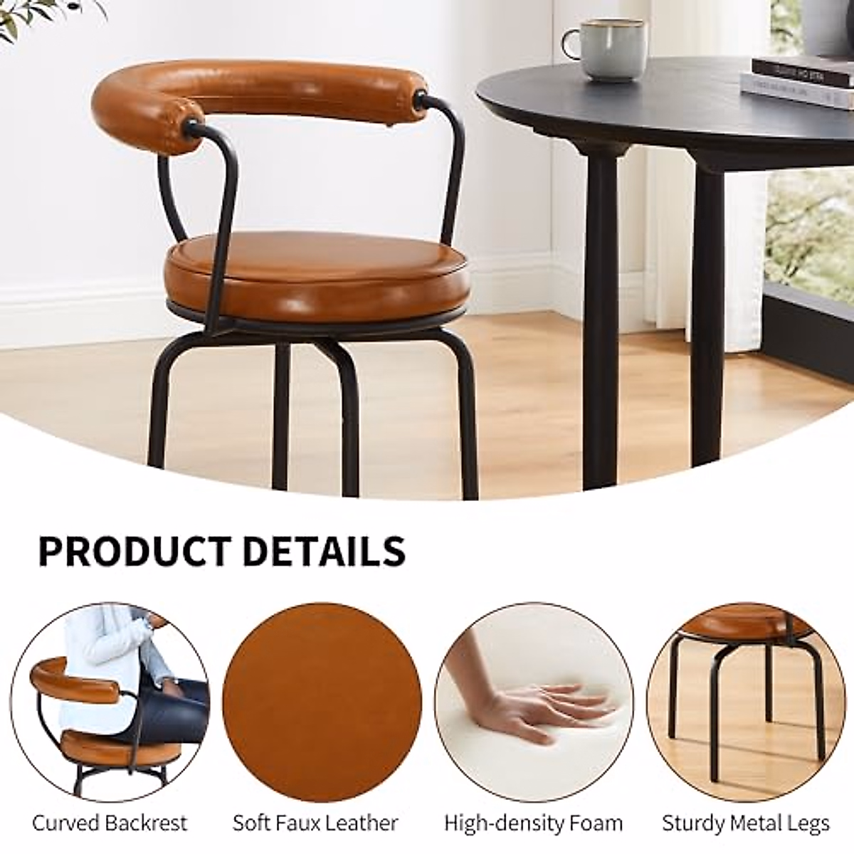 Art Leon Swivel Dining Chairs, Set of 2, Faux Leather Upholstered Dining Room Chairs, Modern Accent Armchairs with Black Metal Legs for Kitchen Living Room Bedroom, Brown