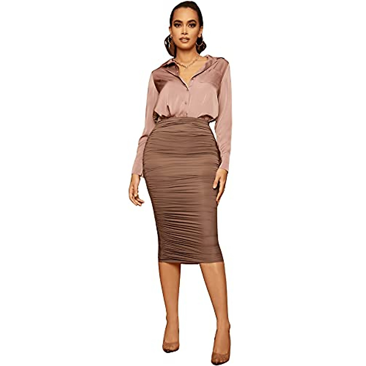 Floerns Women's Satin Long Sleeve Button Up Blouse Work Office Silky Shirts Tops A Pink M