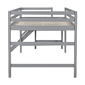 WOXYX Wood Full Size Loft Bed with Platform and Ladder for Kids,Space Saving Low Loft-Bed for Girls Boys,Gray