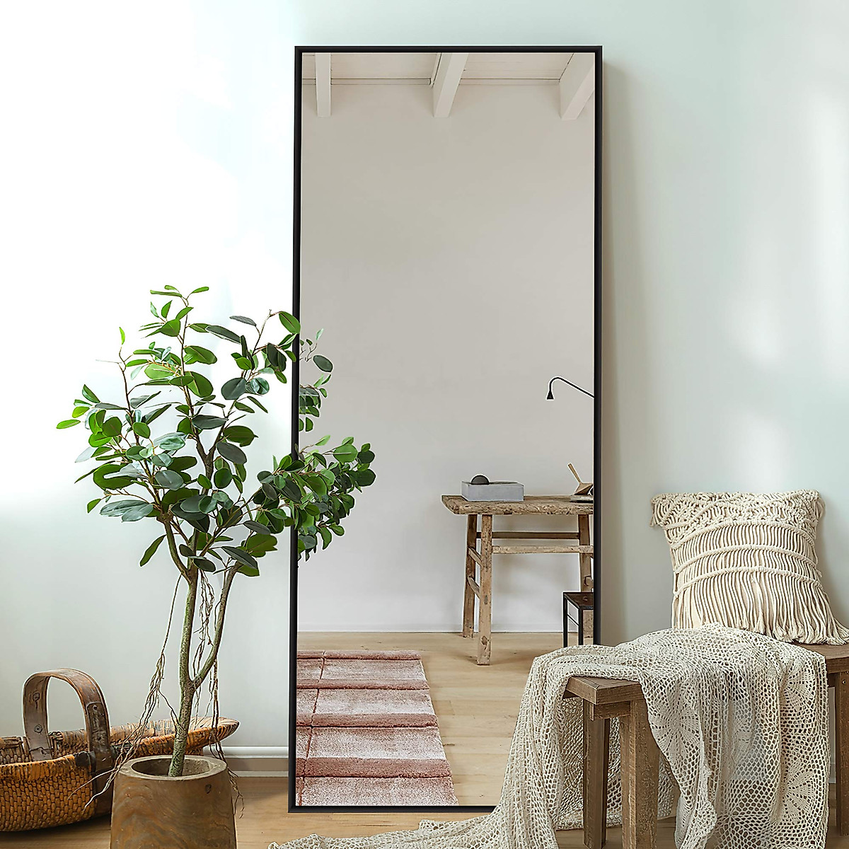 MIRUO Full Length, Floor Mirror Large Wall Mounted, Bedroom, Dressing Mirror Aluminum Alloy Thin Frame, Black, 65" x 22" (AMZVDJJ00371AAFN)