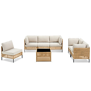 FEISHOMINOO 7 Piece Outdoor Patio Furniture Set, Oversize Outdoor Sectional Furniture, Rattan Chairs Glass Table Wicker Conversation Seating Sectional Sofa with Cushion Deep Seating for Porch