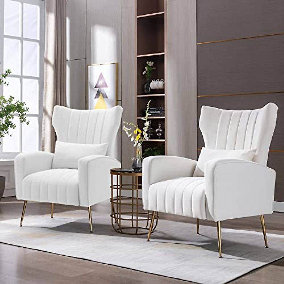 Hyfirm Accent Chairs for Living Room Set of 2, Mid Century Modern Chairs Upholstered Velvet Wingback Arm Chairs, Comfy Leisure Chairs with Lumbar Pillow for Bedroom Office Club, 2PCS, Cream