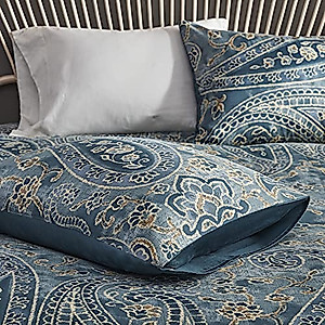 Madison Park Belcourt Sateen Cotton Comforter Set, Breathable, Soft Cover, Trendy, All Season Down Alternative Cozy Bedding with Matching Shams, King/ Cal King, Blue 3 Piece
