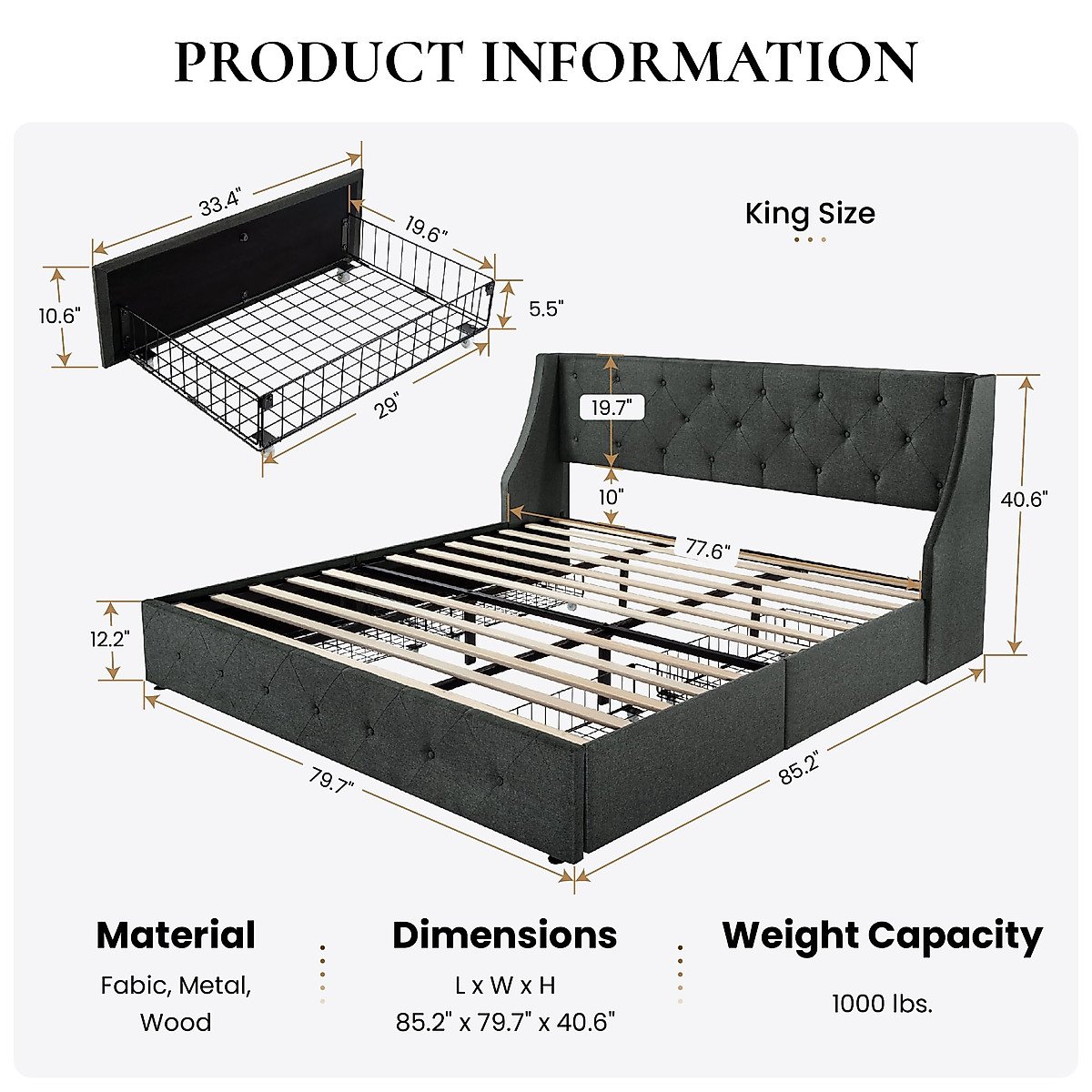 SHA CERLIN King Size Platform Bed Frame with 4 Storage Drawers and Wingback Headboard, Diamond Stitched Button Tufted Design, No Box Spring Needed, Dark Grey