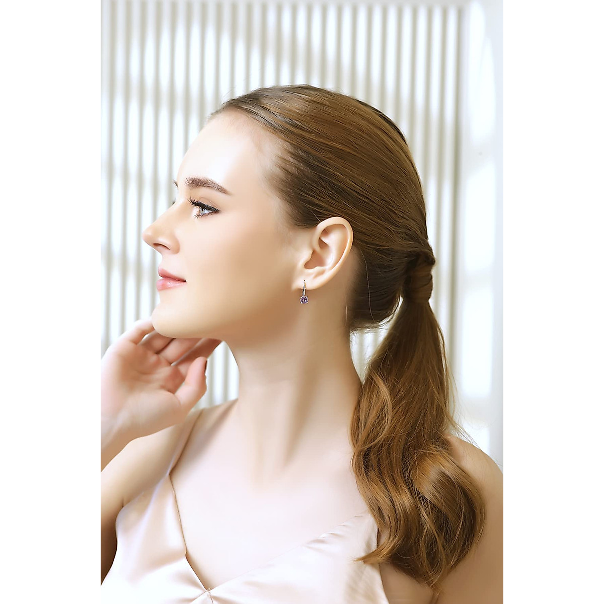 Purple Earrings for Women Sterling Silver Fashion 6mm Round Leverback Drop Amethyst Earring Tendy Summer