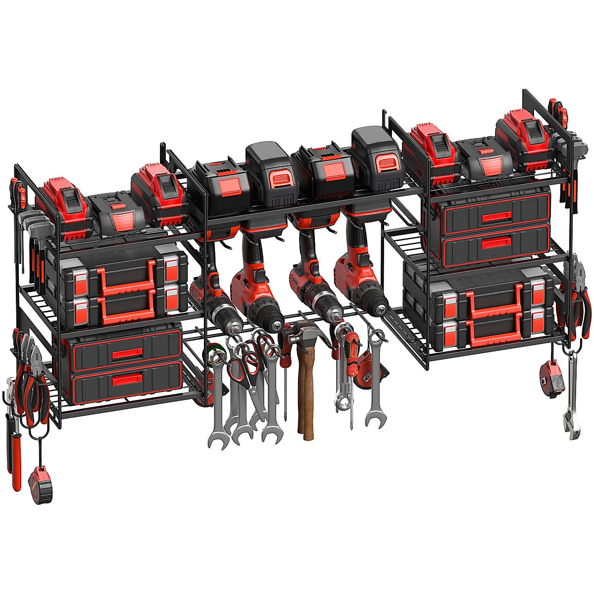 CCCEI Black Power Tools Organizer Wall Mount, Large Garage Organization and Storage, Shop 8 Drills Holder Rack and Tools Battery Utility Shelves, Cool and Unique Gift for Men, Husband.