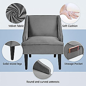 Yaheetech Accent Chair Modern, Velvet Armchair Lounge Chair with Rubberwood Legs and Side Pocket for Living Room Bedroom Lounge, Gray