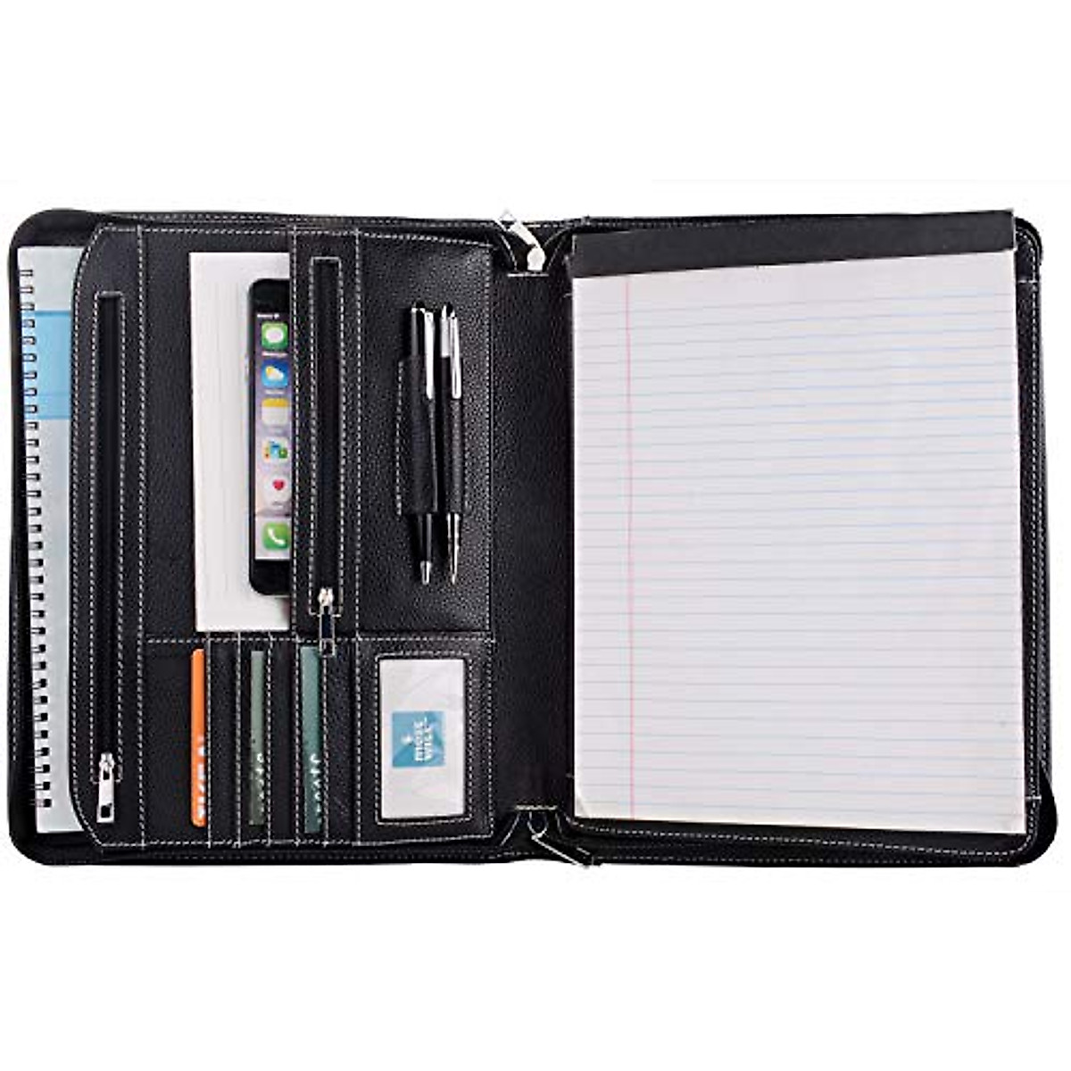 XIAOZHI Black Leather Portfolio with Notepad Space for 10.2-inch / 10.5-inch / 11-inch iPad, Padfolio Case Business Zippered Organizer Document Folder with Letter Size Notepad Holder