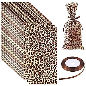 100 Pieces Leopard Print Treat Bags Leopard Candy Bags Easy to Seal Animal Print Cellophane Cookie Bags with 1 Roll Brown Fabric Ribbon for Zoo or Jungle Party Supplies