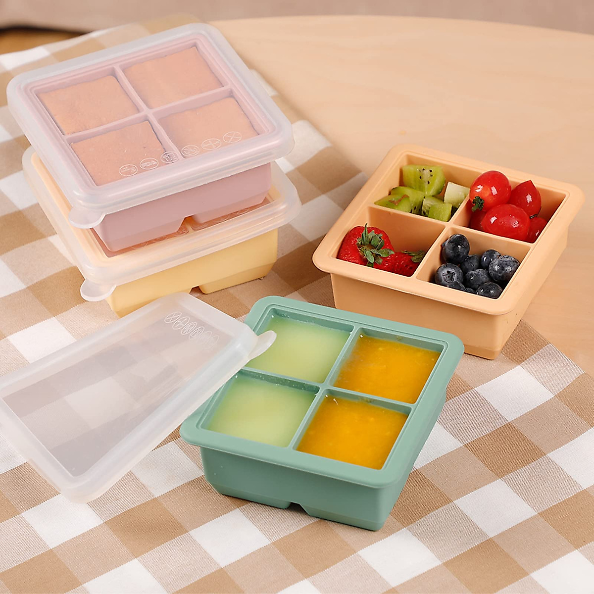 haakaa Silicone Baby Food Freezer Tray with Clip-on Lid,Baby Blocks Food Storage Containers for Homemade Baby Food, Baby Food Baking Mold,4 Compartment,Green