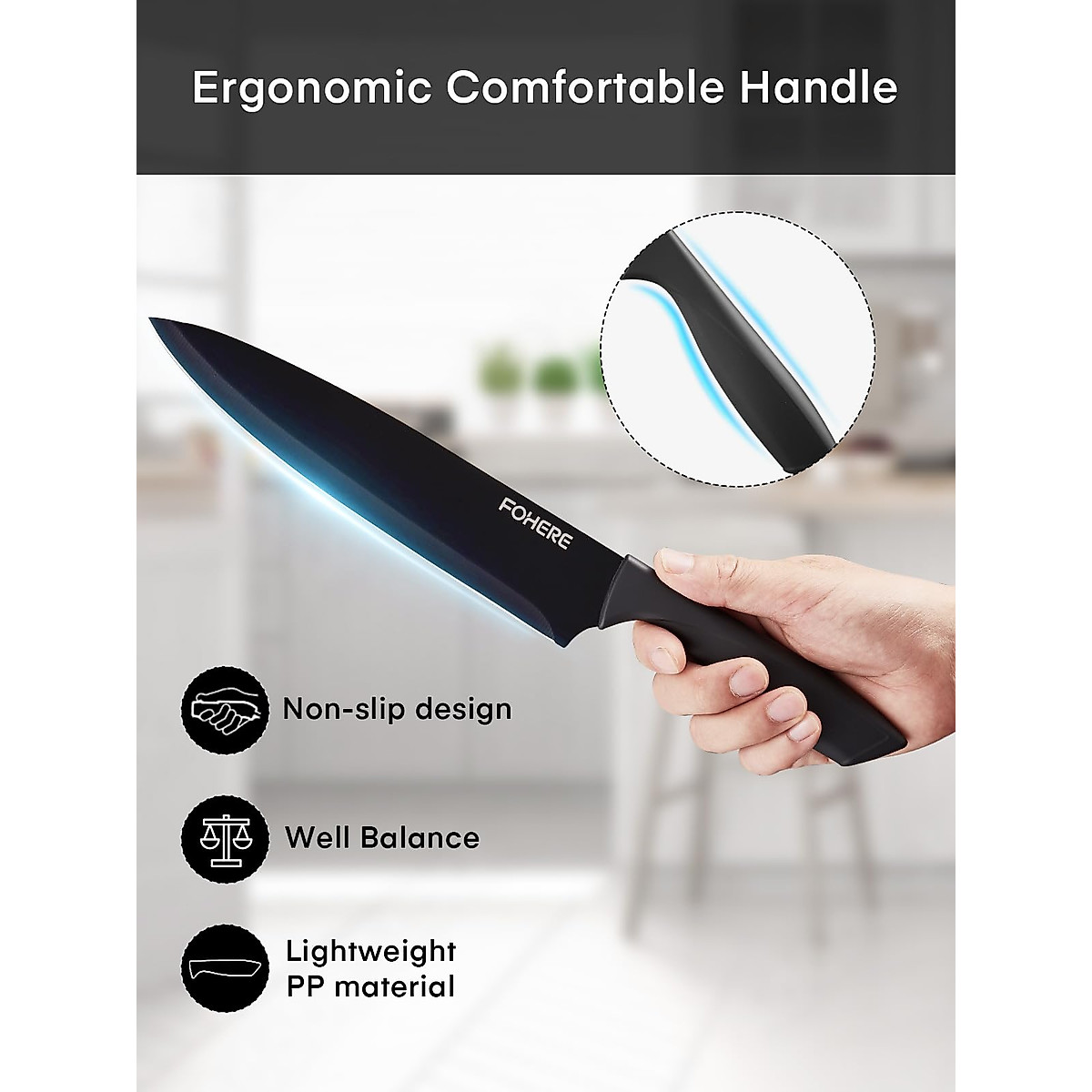 Knife Block Set, FOHERE 13 Pcs Self Sharpening Knife Set, High Carbon Stainless Steel BO Oxidation Knife Set with Anti-slip Handle, Dishwasher Safe, Matte Gray