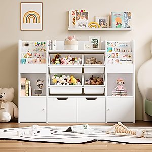 finetones 50'' Large Toy Storage Organizer with 4 Toy Bins, Toy Organizers and Storage with 6 Storage Cubbies and 2 Movable Drawers, Bookshelf for Kids, Playroom Organization and Storage Bins, White