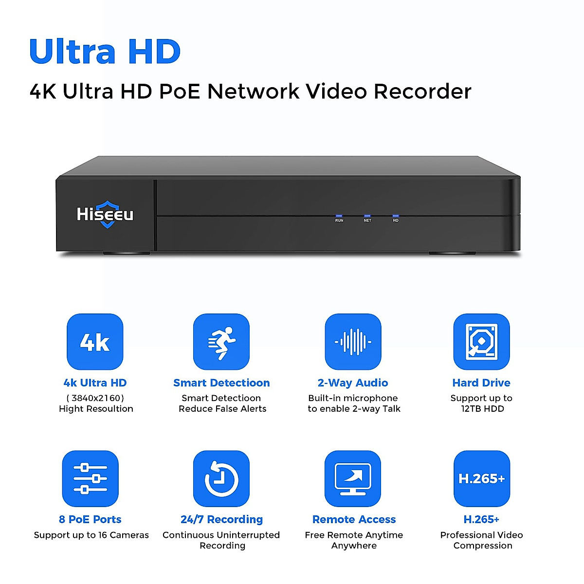 【16 channel Extendable】Hiseeu 8 Port 4K PoE Network Video Recorder NVR, Support 4K/2K/8MP/5MP/3MP/1080P PoE Camera, Free Remote Access, Motion Alarm, 24/7 Recording, Smart Playback, No Hard Disk Drive