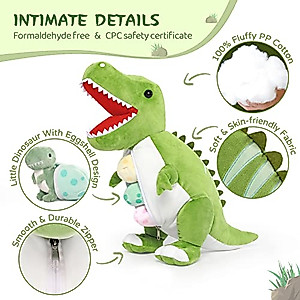 MorisMos Dinosaur Stuffed Animal with Babies,23.6'' Big T-Rex Mommy Stuffed Dinosaur with 3 Baby Dinosaur Plush Toys, 3 Dinos Eggs,Boy Girl Dinosaur Toys for Kid Birthday Christmas,Green T-rex Toys