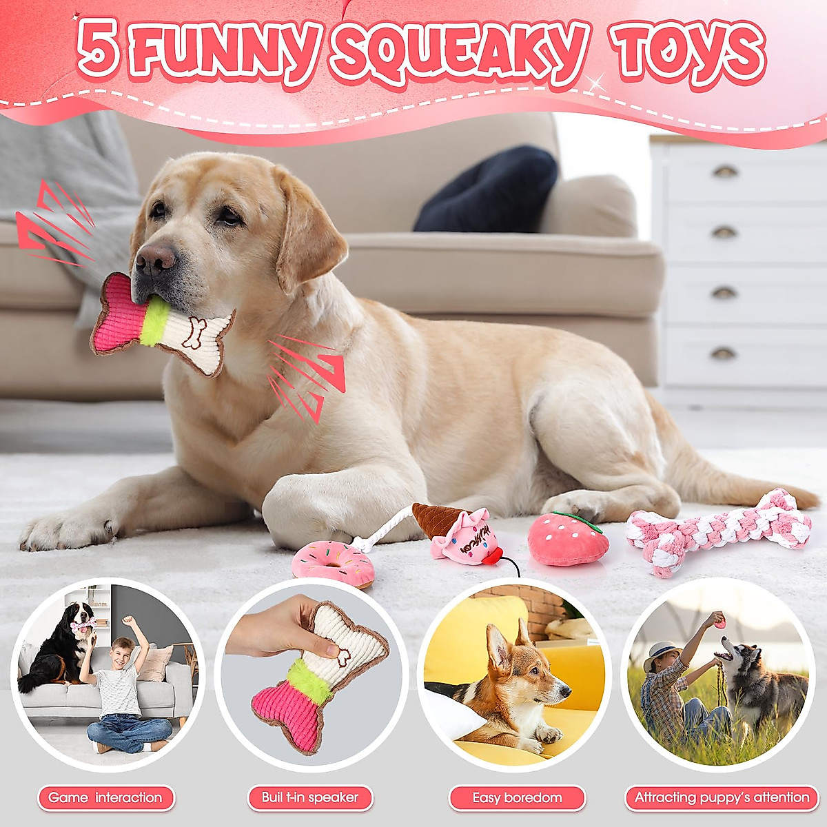 Vinsot 12 Pack Large Dog Chew Toys for Aggressive Chewers Pink Large Dog Teething Toys with Dental Rope Toys, Squeaky Toys, Treat Balls and Chew Bone for Medium, Large X-Large Breeds Dogs