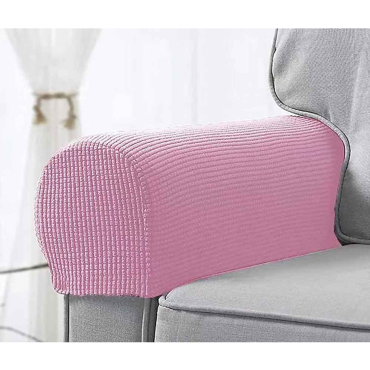 Lsmoosu Stretch Armrest Covers for Chairs and Sofas Couch Arm Covers for Sofa Spandex Jacquard Armrest Covers Anti-Slip Furniture Protector Washable Armchair Slipcovers for Recliner (Large,Pink)