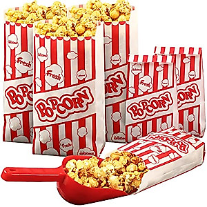 Mimorou 200 Pcs 2 oz 1 Popcorn Bags Disposable Paper Grease Resistant Container Retro Small Sleeves, Plastic Hand Scoop Red for Movie Theater Home Kitchen