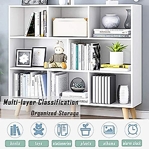 IOTXY Wooden Open Shelf Bookcase - 3-Tier Floor Standing Display Cabinet Rack with Legs, 8 Cubes Bookshelf, Warm White