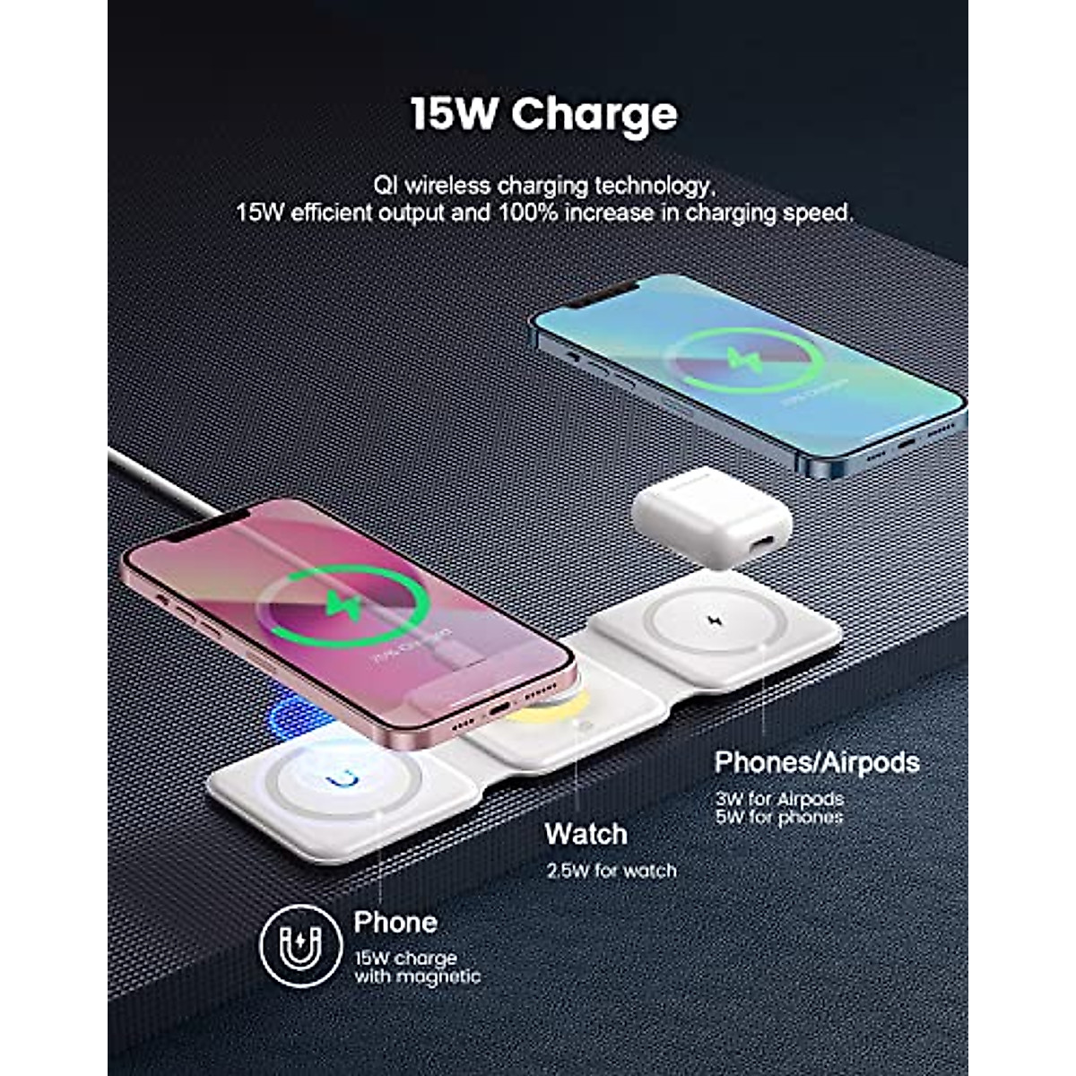 CYBORIS Wireless Charger 3 in 1, 15W Charging Station Magnetic Foldable, Wireless Charging Station for Multiple Devices Compatible with iPhone, Samsung, AirPods 3/2/Pro, iWatch (Adapter Included)