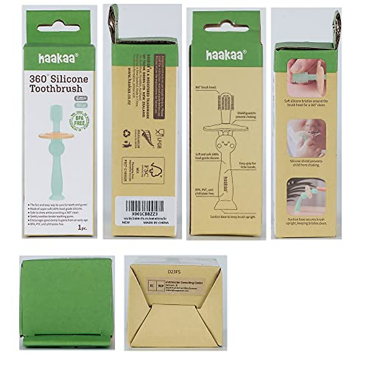 haakaa 360° Baby Toothbrush with Suction Base - Gentle Cleaning for Toddler's Self-Brushing Training, Food-Grade Silicone, Adjustable Safety Shield - Blue (1 Piece)