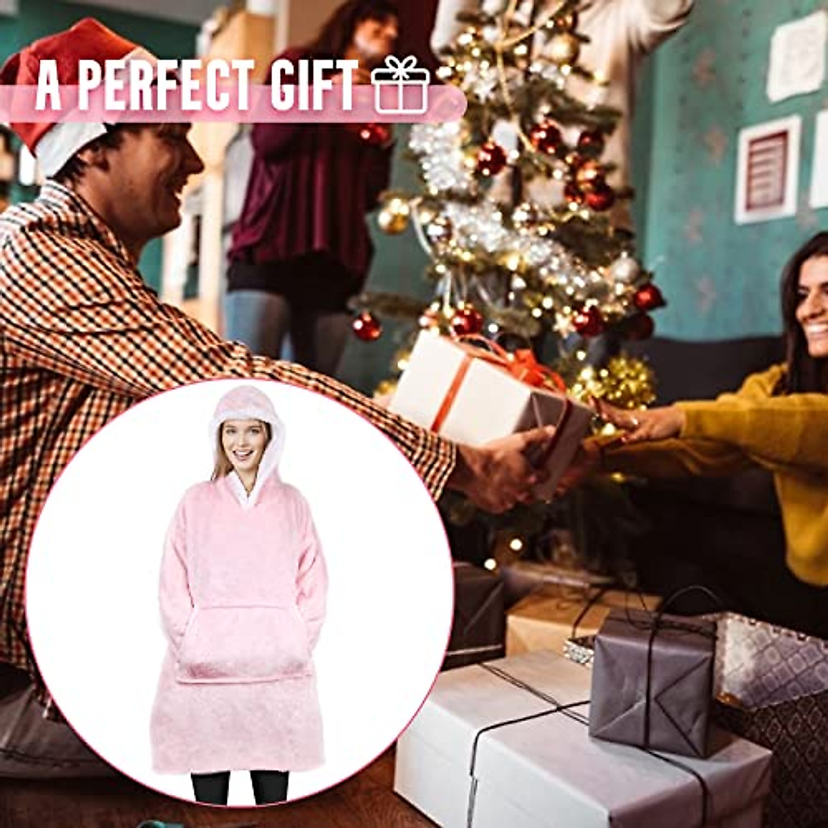 Whalehub Oversized Wearable Blanket Hoodie, Big & Warm Sweatshirt for Women & Men with Giant Pocket (Pink)