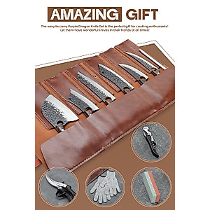 Purple Dragon 12pcs Chef Knife Set, High Carbon Steel Hand Forged Meat Boning Carving Cleaver Knife with Accessories for Kitchen, BBQ Camping Knives Set with Leather Bag
