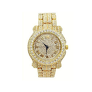 Charles Raymond Bling-ed Out Silver Round Luxury Mens Watch w/Bling-ed Out Cuban Bracelet - L0504B - Cuban (Gold)