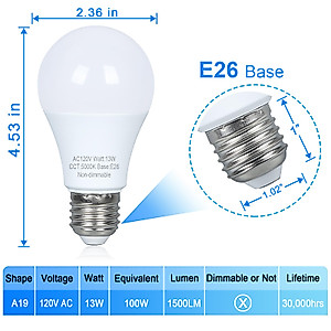 Marxlait 4 Pack LED Light Bulbs 100 watt Equivalent, Efficient 13W, Daylight White 5000K, E26 Medium Base, A19 Standard Light Bulbs, 120V, Non-Dimmable