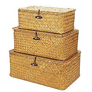 Yesland Shelf Baskets with Lid Set of 3, Handwoven Seagrass Storage Bins Box Rectangular Seagrass Basket Storage Organizer Wicker Basket for Shelf